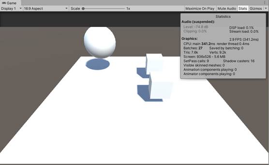 Figure 2. Stats tab checked within the Game tab in Unity.